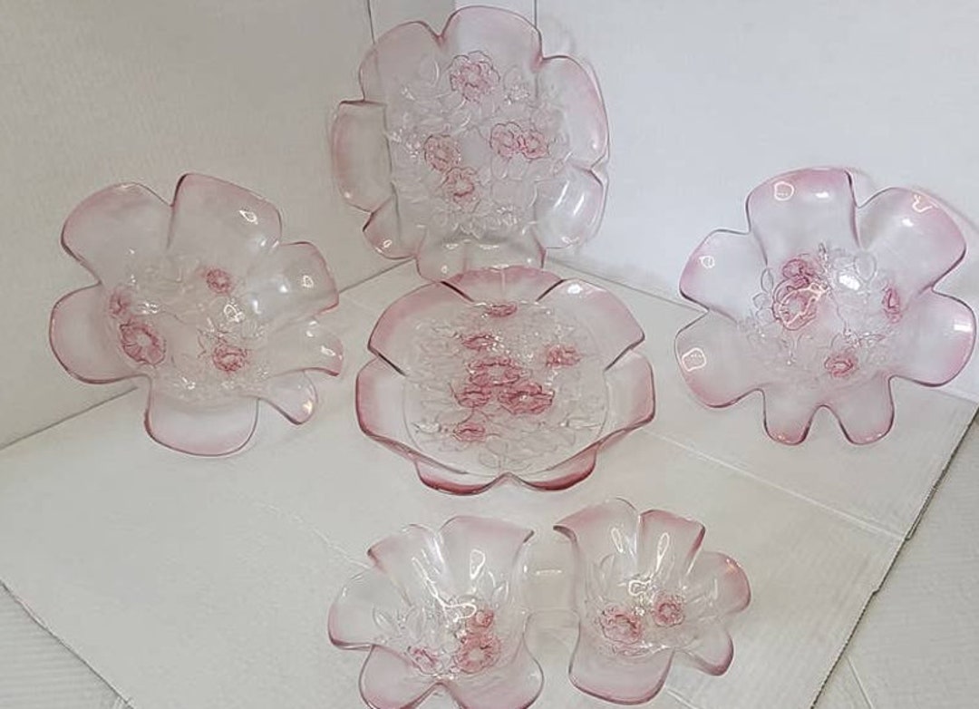 Set of 5 Pieces Serving Mikasa Crystal Pink Roses Frosted Dishes - Etsy