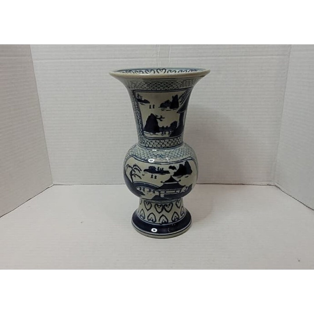 Vintage Blue and Grey Hand Painted Porcelain Vase - Etsy
