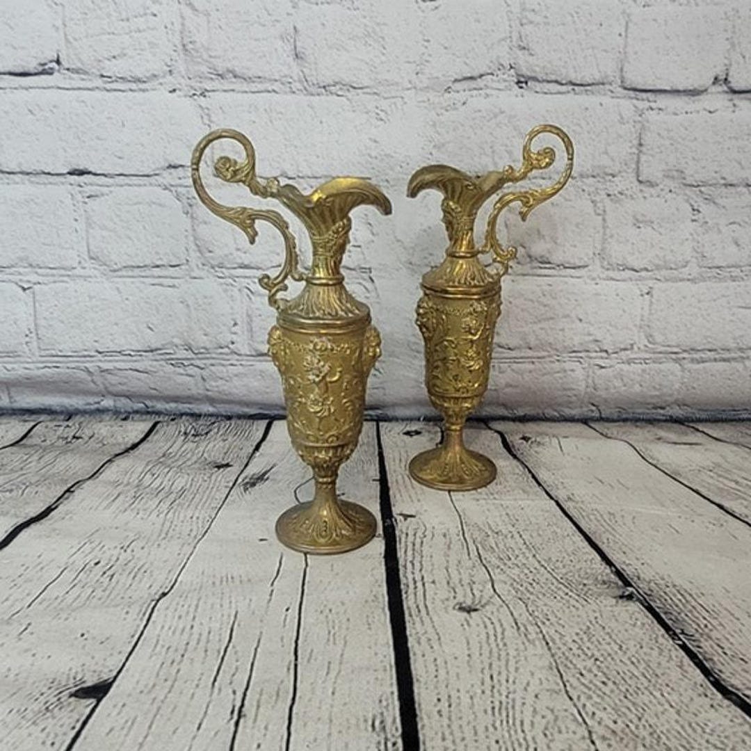 Classic Italian Pair Brass Pitchers Vases Ornate Brass Gothic Faces ...