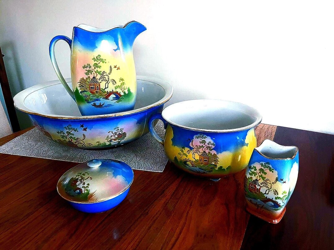 Vintage Washstand Jug Bowl Shaving Cup Chamber Pot Set - Etsy