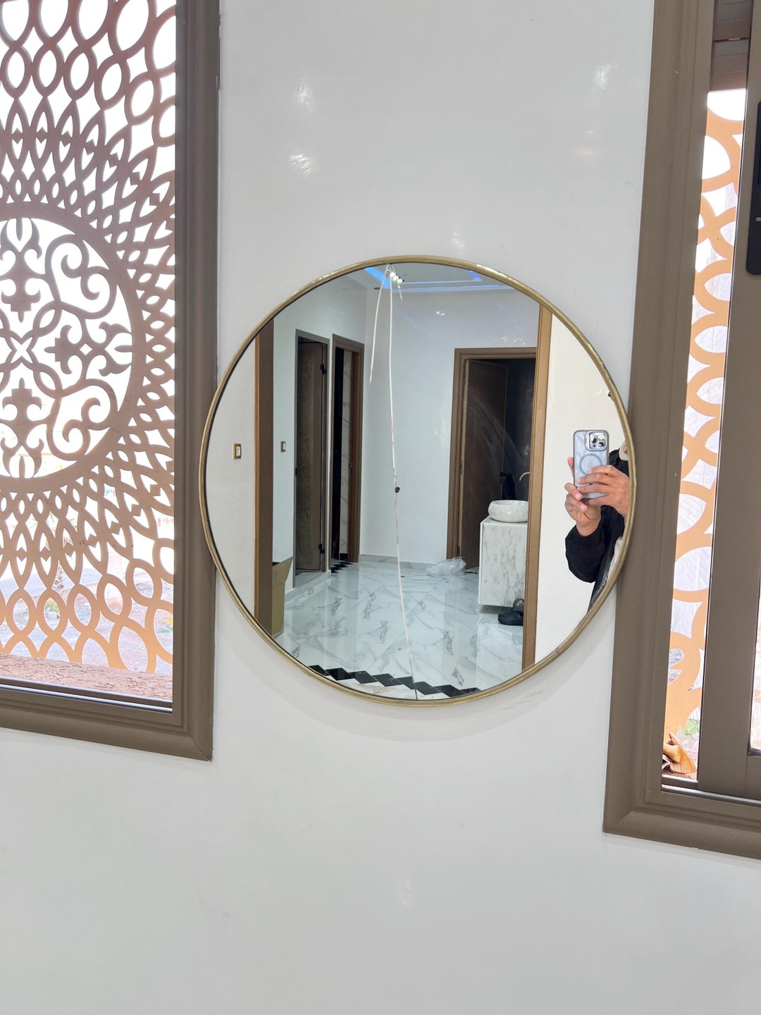 Round Brass Wall Mirror, Irregular Puddle Mirror, Asymmetrical Gold ...