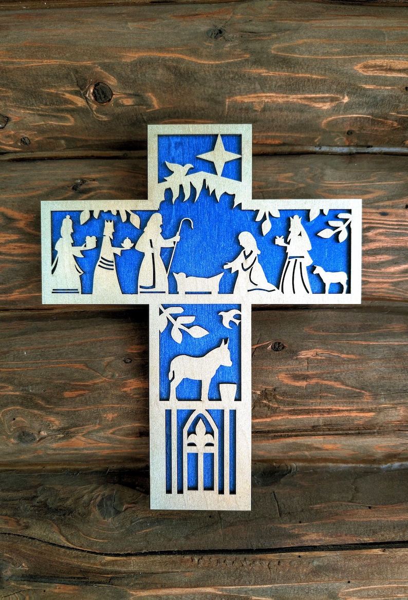 Nativity Scene Cross. Birth of Jesus. Christmas Bethlehem Wall Cross ...