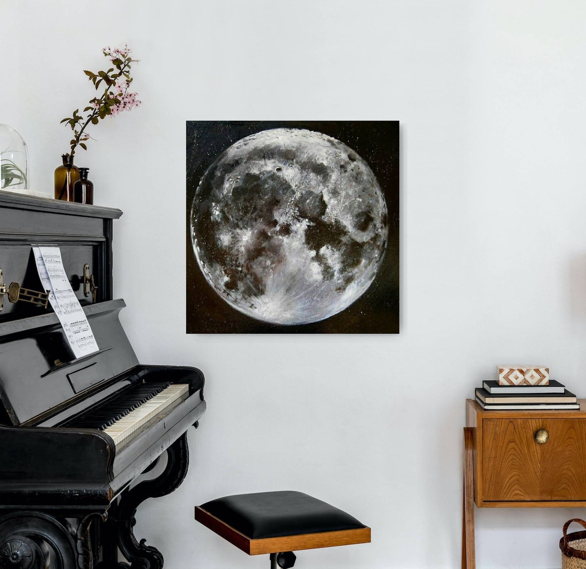 Full Moon Art Black and White Original Oil Painting Art From - Etsy