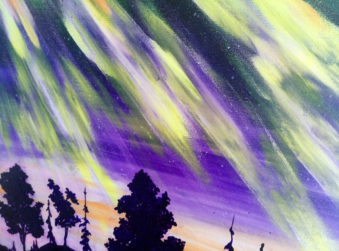 Northern lights original painting Starry sky wall art Sunset | Etsy