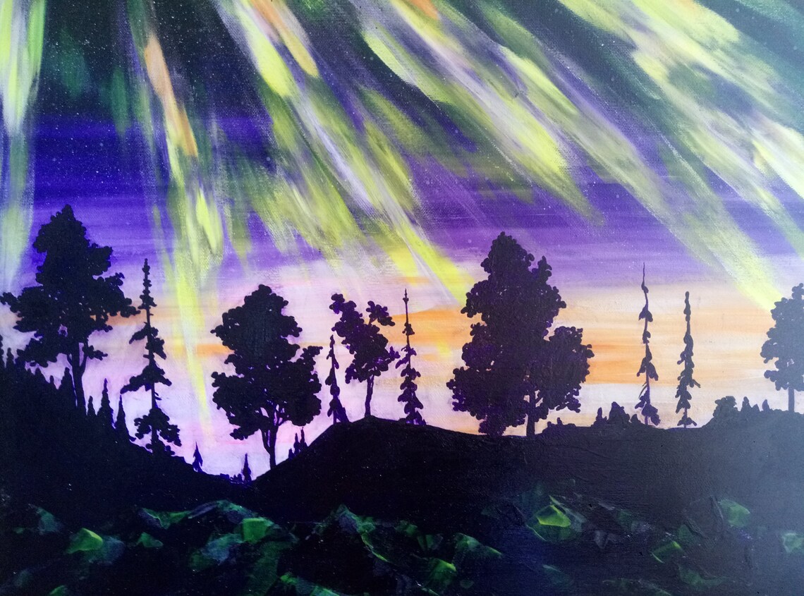 Northern lights original painting Starry sky wall art Sunset | Etsy
