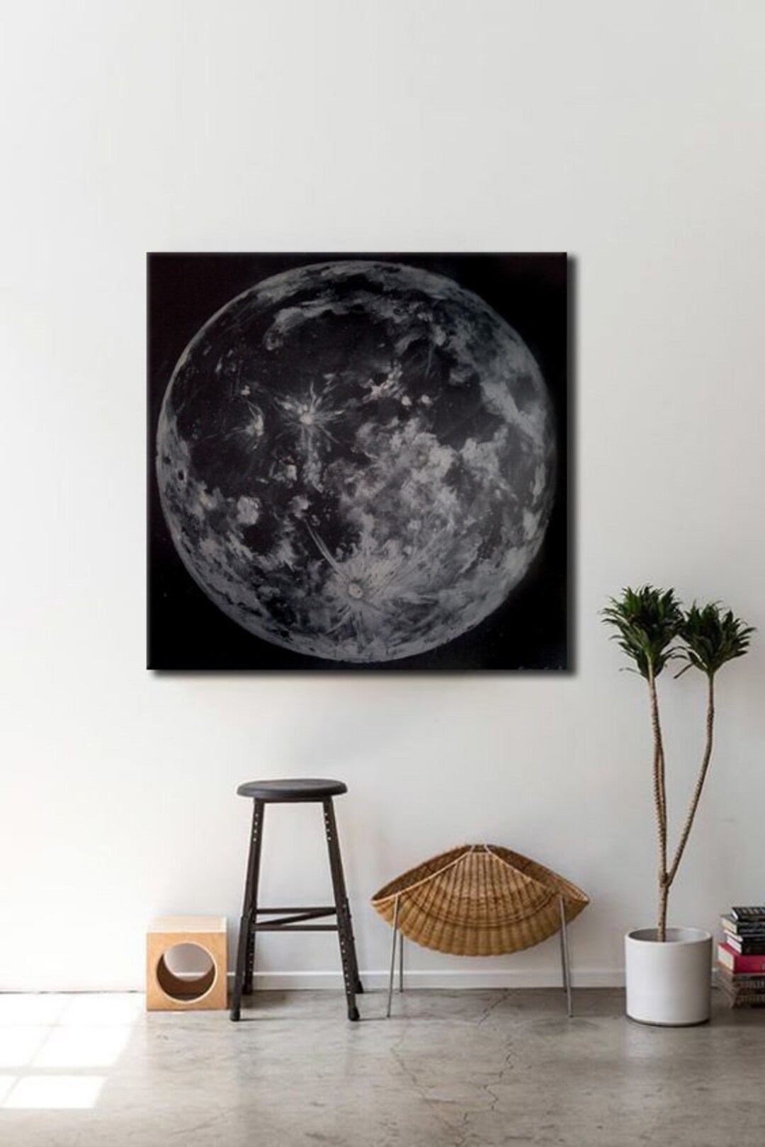Moon Painting Acrylic Black and Silver Full Moon Wall Art - Etsy