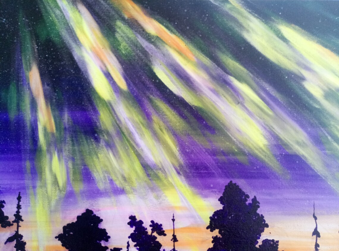 Northern lights original painting Starry sky wall art Sunset | Etsy