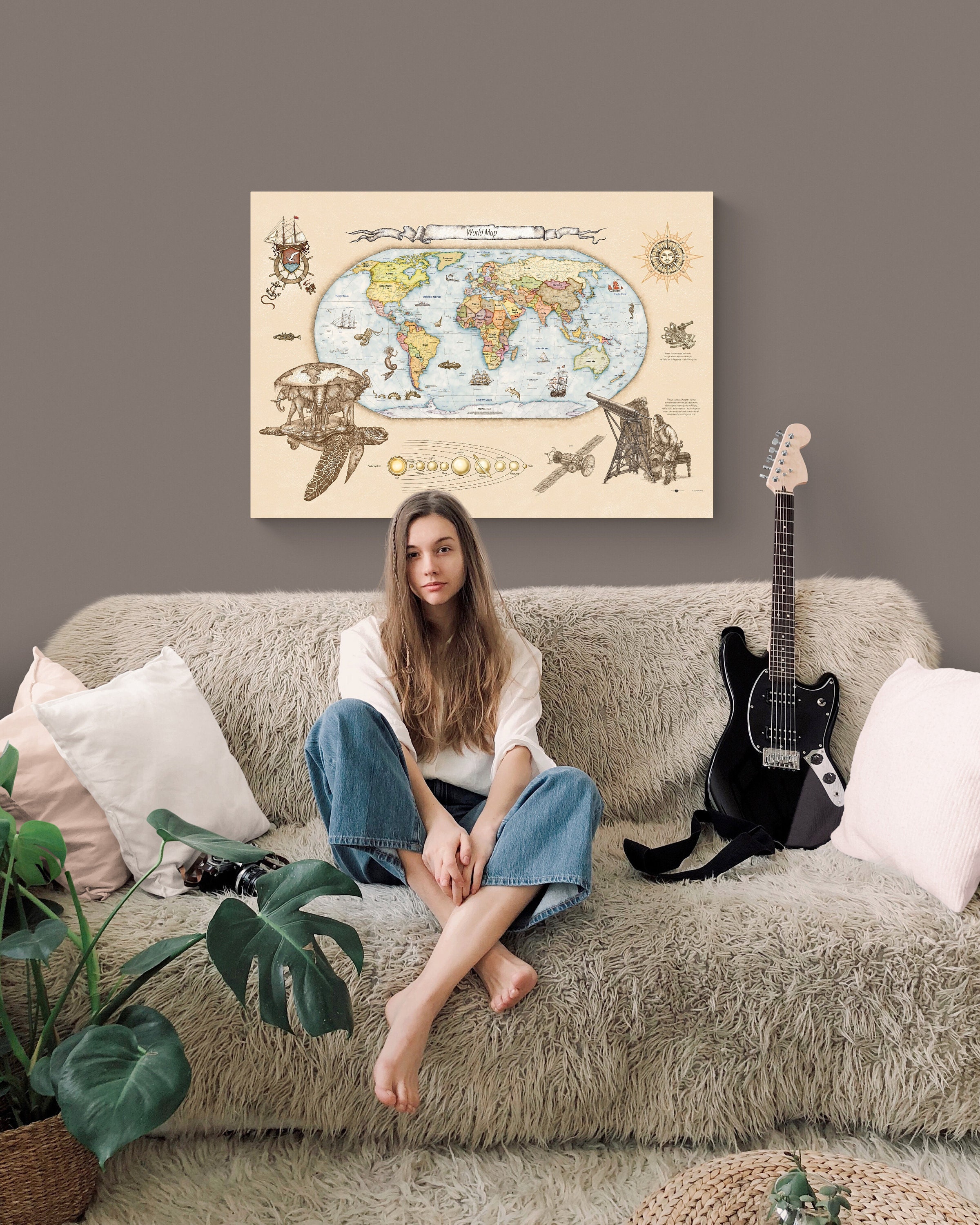 World Map, Hand Painted, Wall Decoration, Original Wall Hanging ...