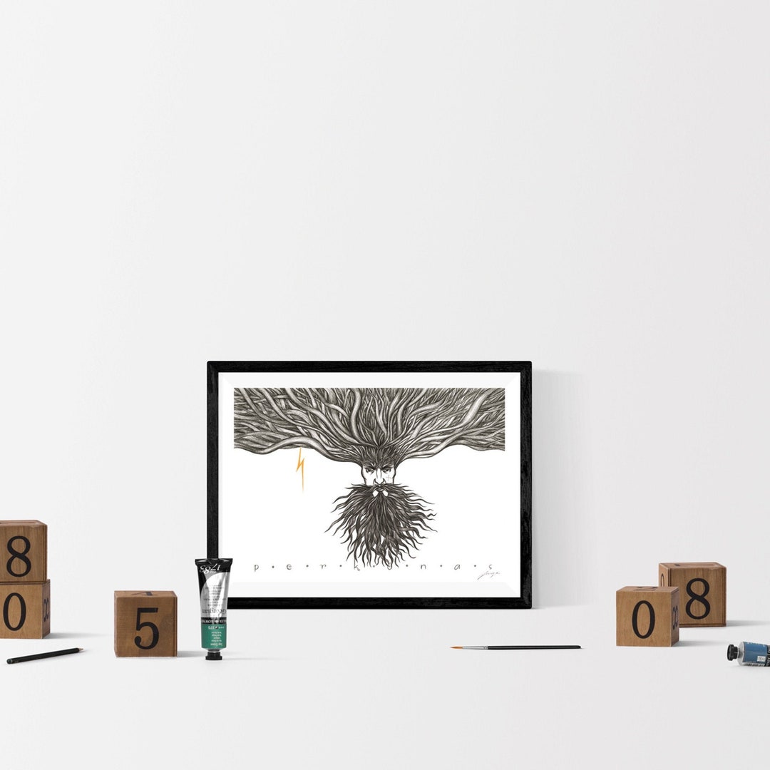 Perkunas Thunder God Print: Black and White Illustration (digital ...