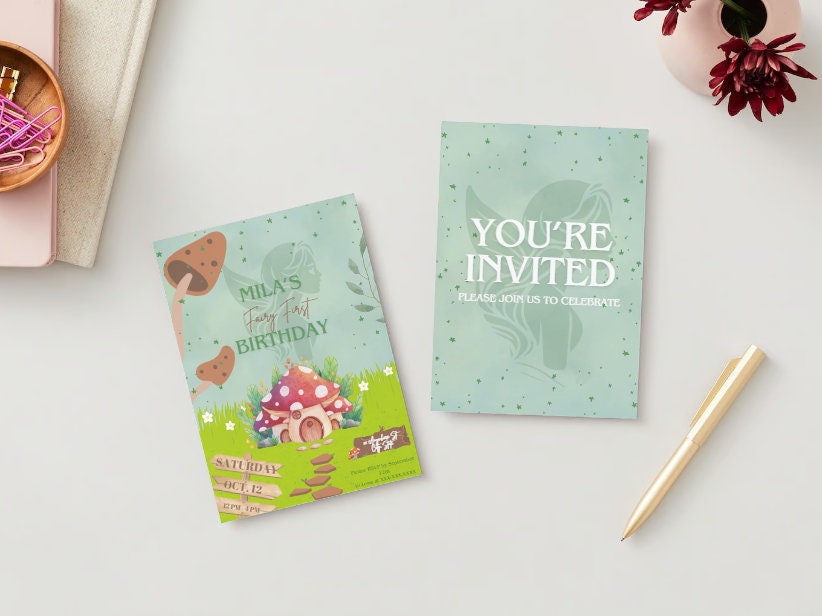 Fairy First Birthday Forest Themed Invitation Template - Etsy