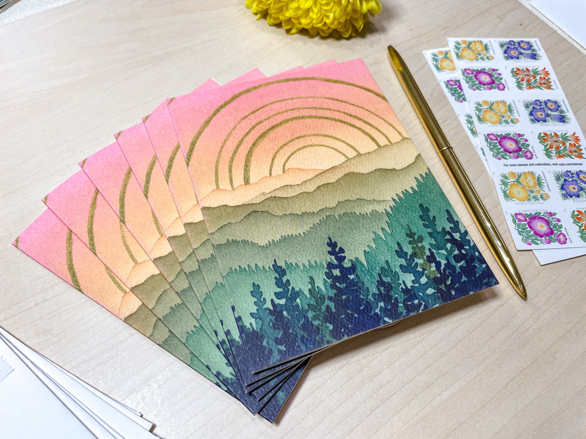 Green Mountain Sunshine Card | Watercolor Greeting Card | Blank ...