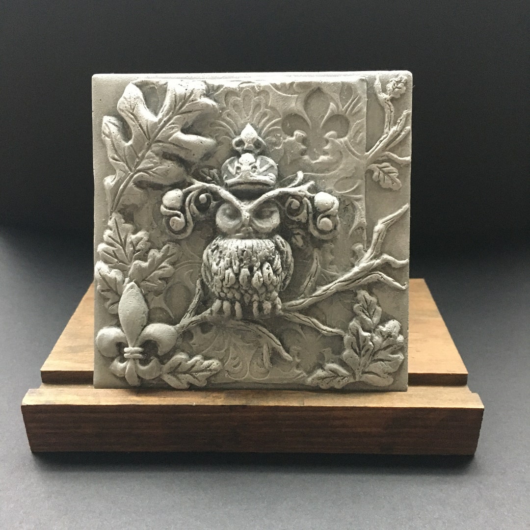 Owl King Tile, 4.25"x 4.25" Tile, Concrete Tile, Relief Sculpture ...