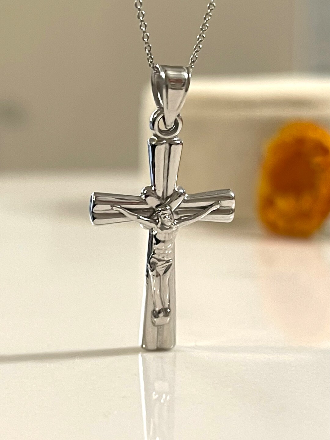 14K Solid White Gold Crucifix Cross / Jesus Charm With Chain / the ...