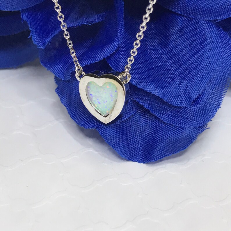 14K Solid White Gold Opal Heart Shape Necklace / Diamond Heart Necklace ...
