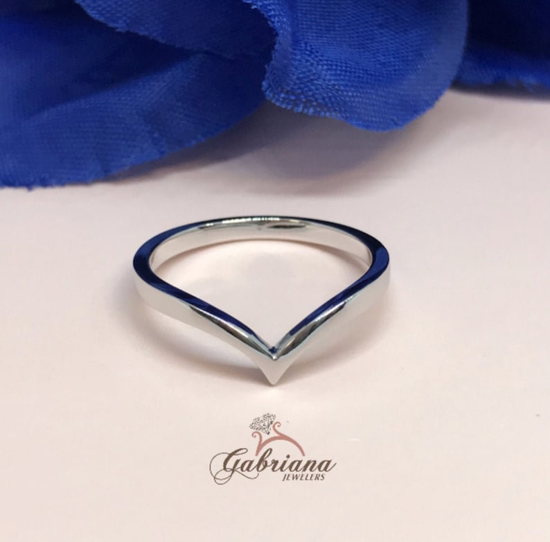 14K Solid White Gold V Shape Ring / Matching Band / Wedding Ring ...