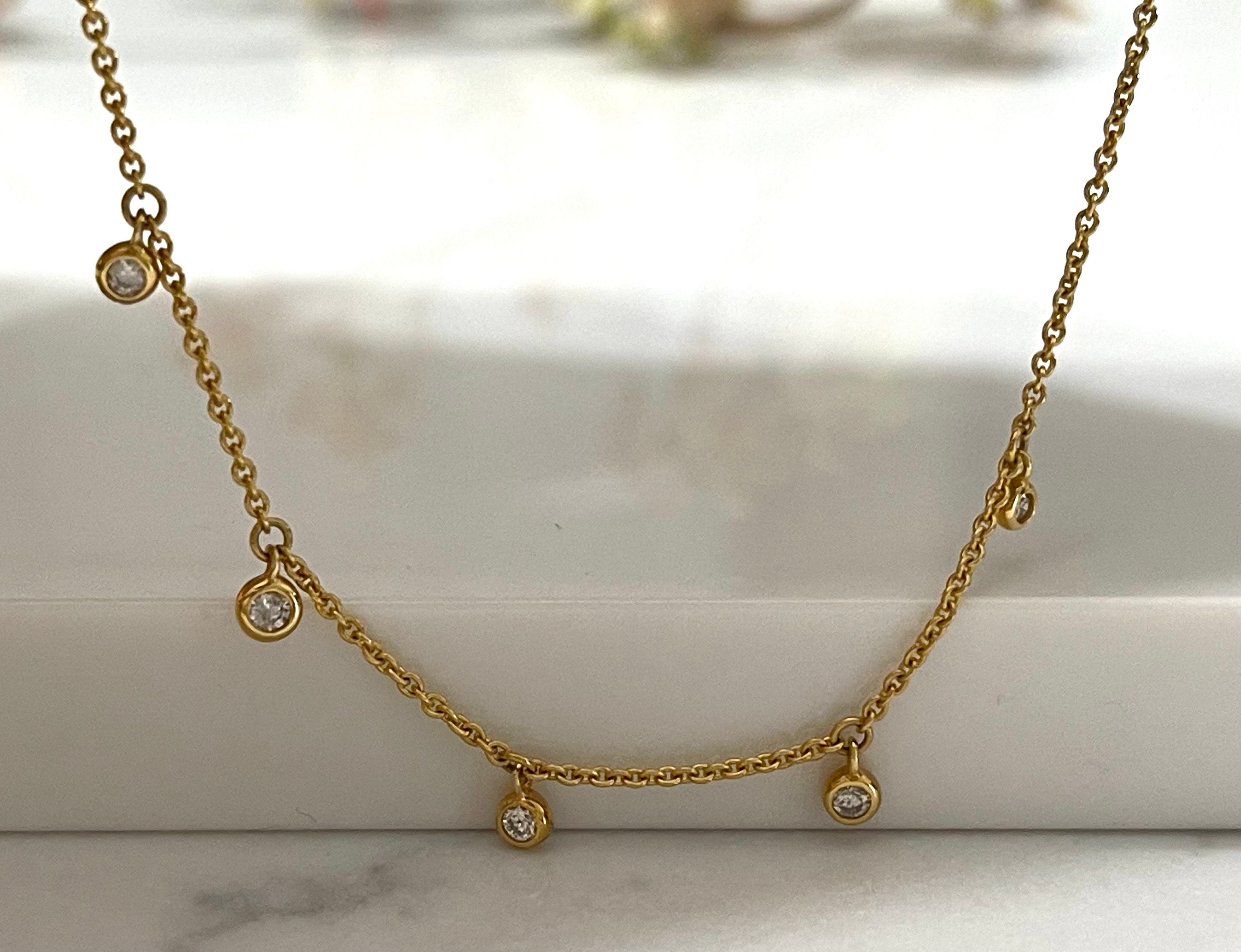 10K Solid Yellow Gold Choker Necklace / Bezel Set Necklace / Layering ...