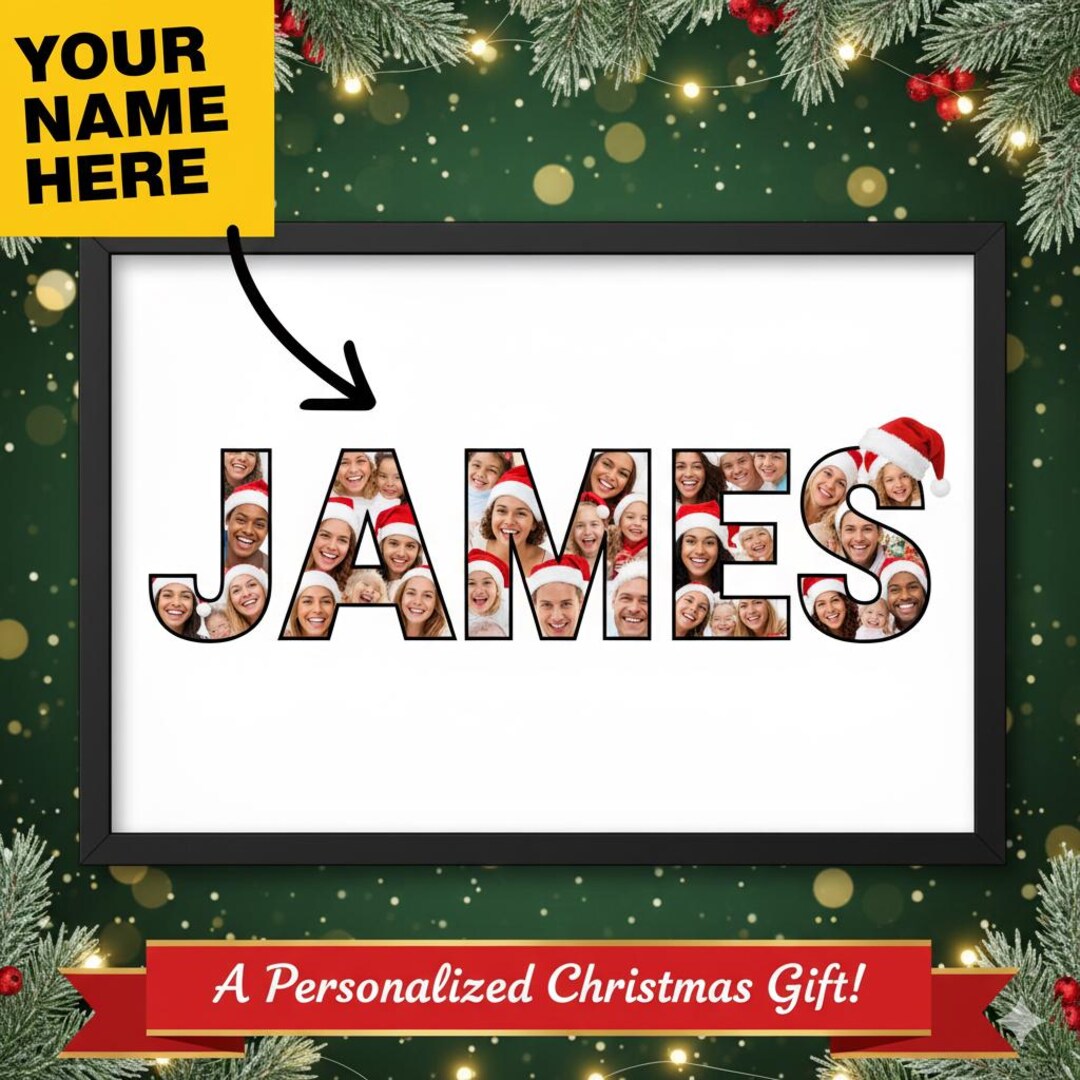 Personalized Christmas Name Photo Collage | Custom Santa Hat Letter Art ...