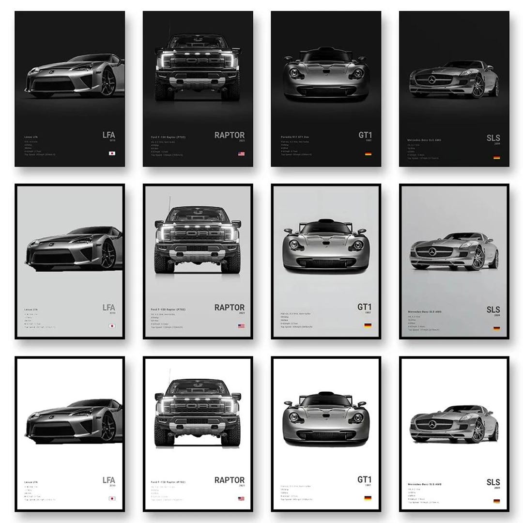 Modern Car Poster Set – LFA, Ford Raptor, Porsche GT1, Mercedes SLS ...