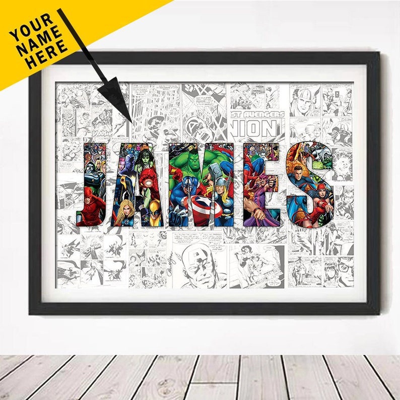 Personalised NAME Word Art Print Superhero Character Posters Avenger ...