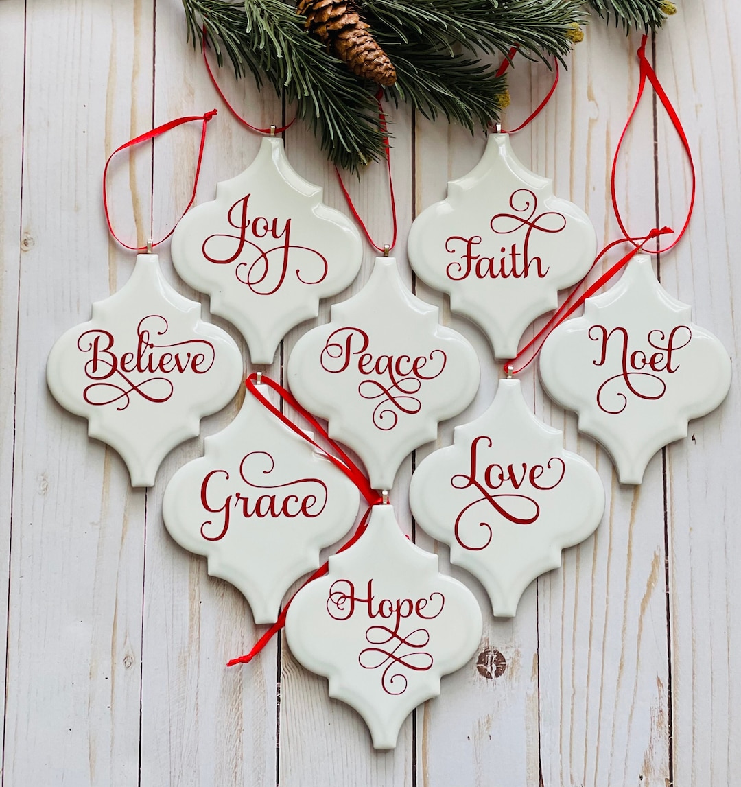 Set of 8 Porcelain Christmas Ornaments-hope, Joy, Peace, Faith, Grace ...