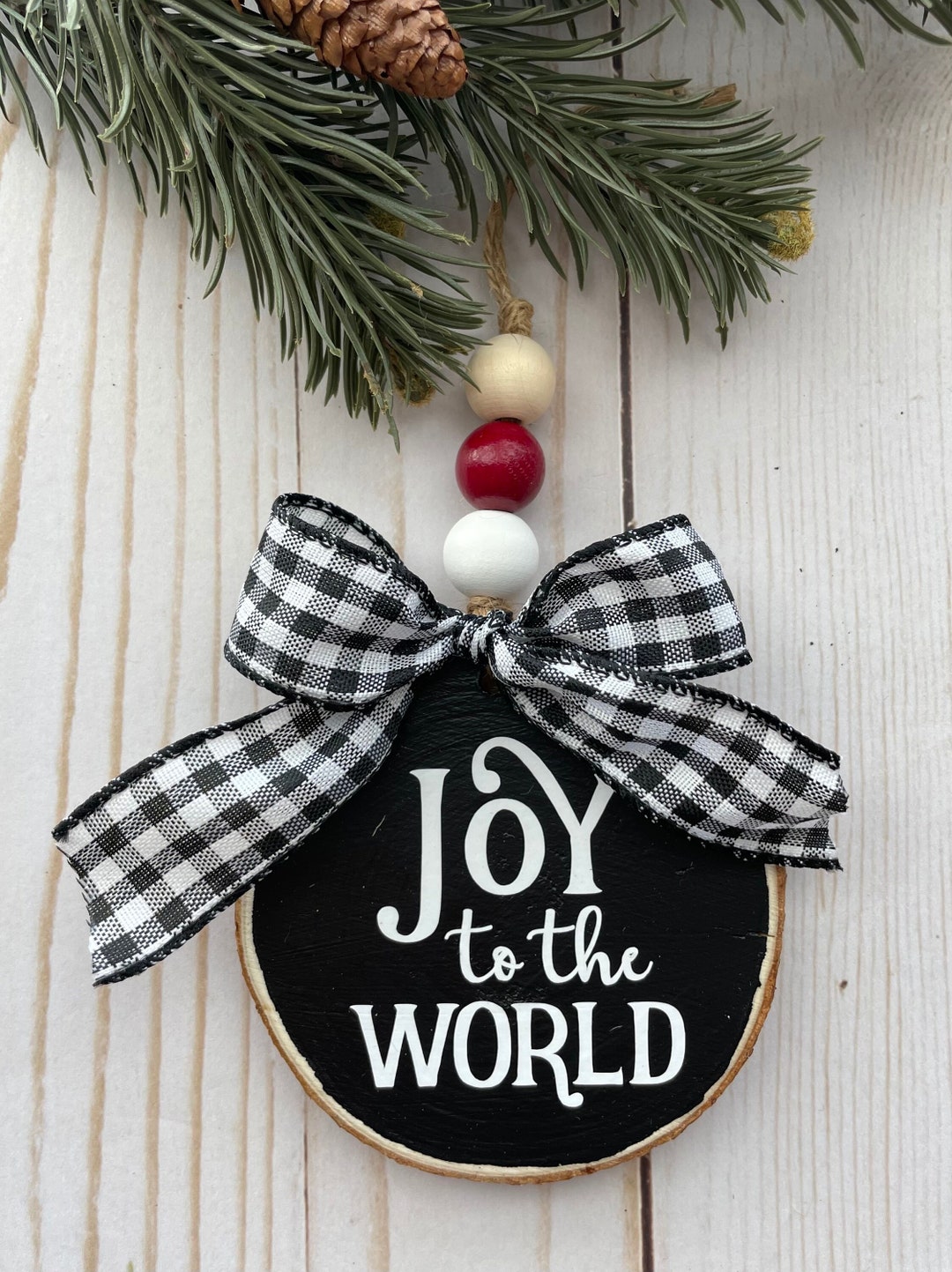 Wood Slice Christmas Ornament: Joy to the World, Buffalo Plaid Ribbon ...