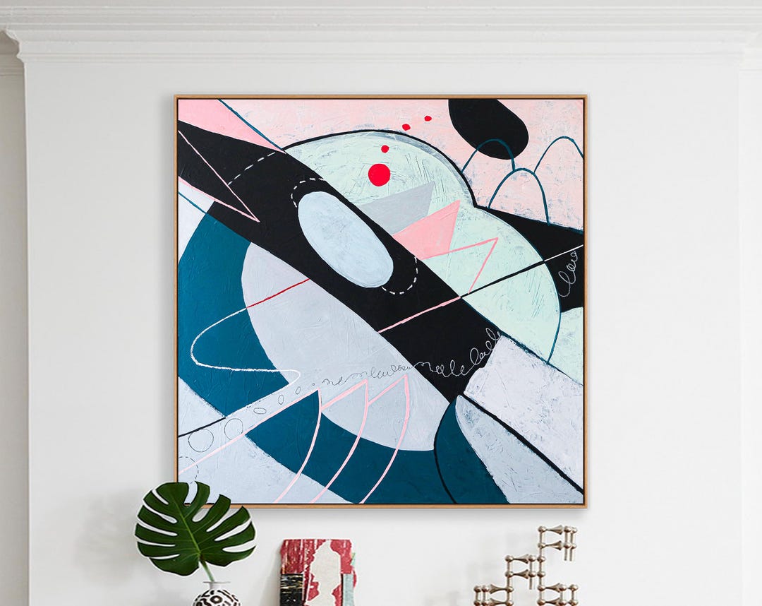 Large Teal Pink Abstract Wall Art - Original Oil Painting, Textured ...