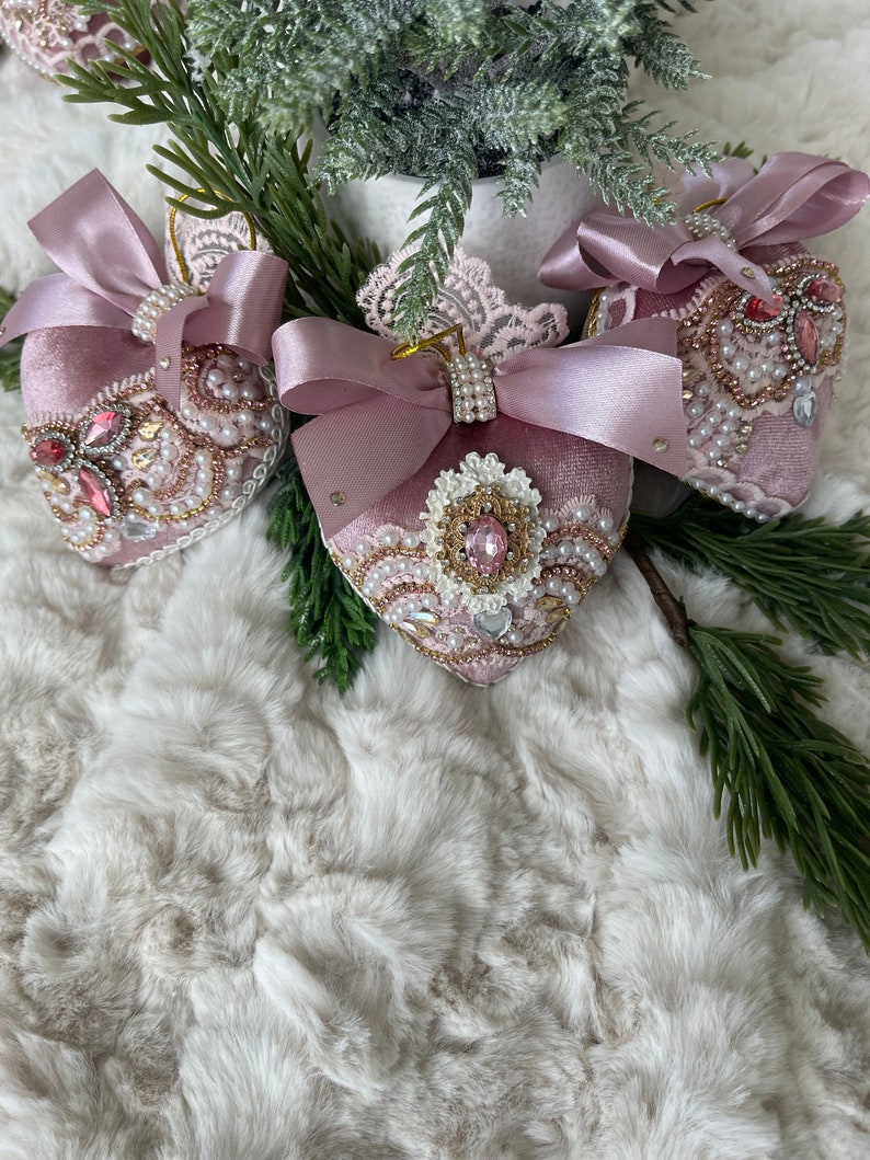 Handmade Christmas Ornaments / Pink Heart Ornaments / Luxurious ...