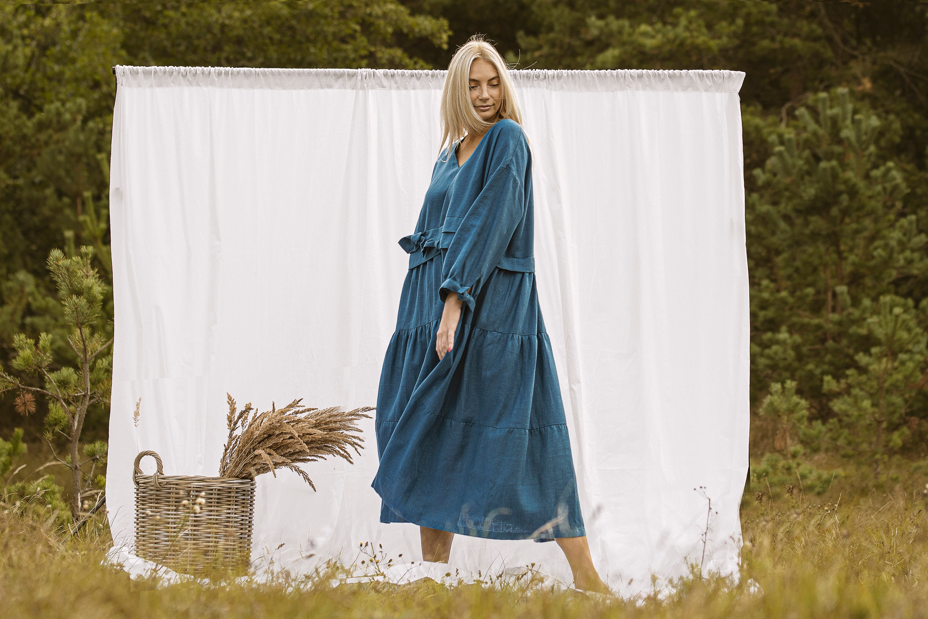 Blue Linen Dress Loose Linen Dress Flax Clothing Linen Midi | Etsy