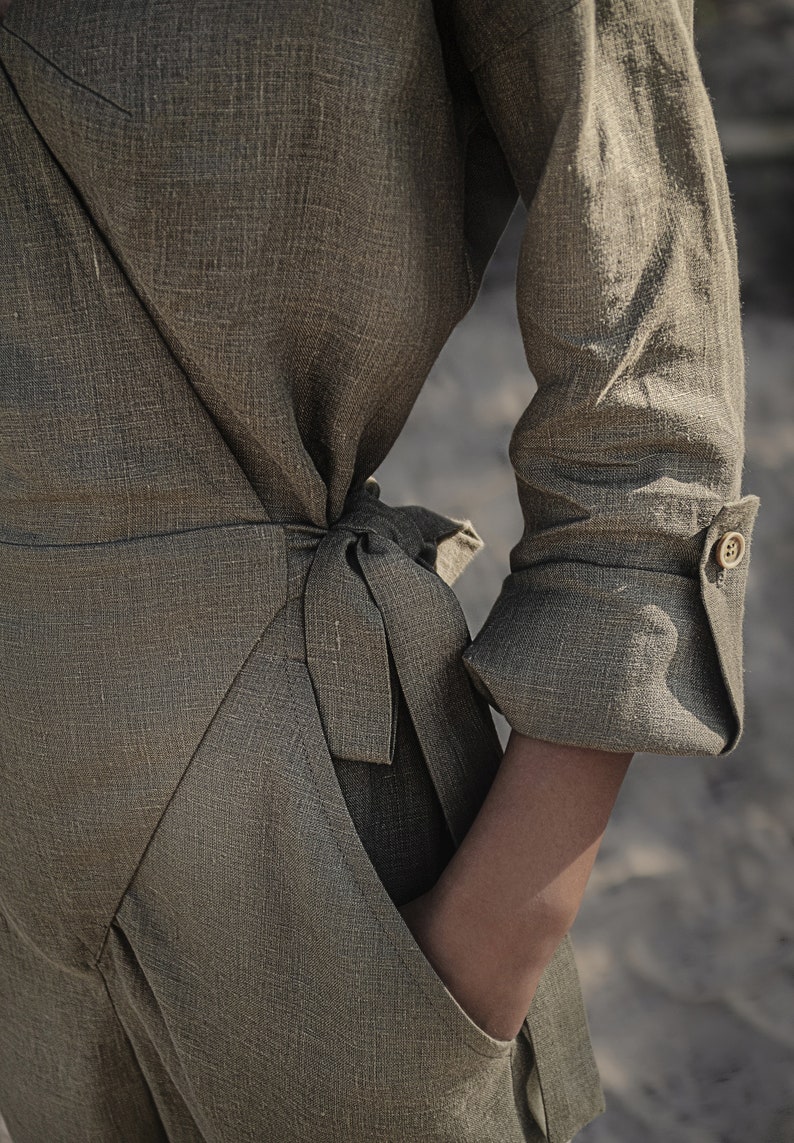 Wrap linen jumpsuit Military green linen overall Linen harem | Etsy