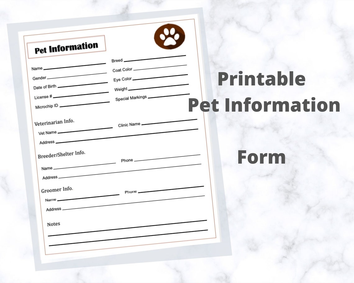 Printable Pet Information Form | Instant Download - Etsy