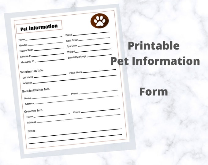 Pet Profile Printable for Pet Owners & Businesses, Dog Info File Insert ...