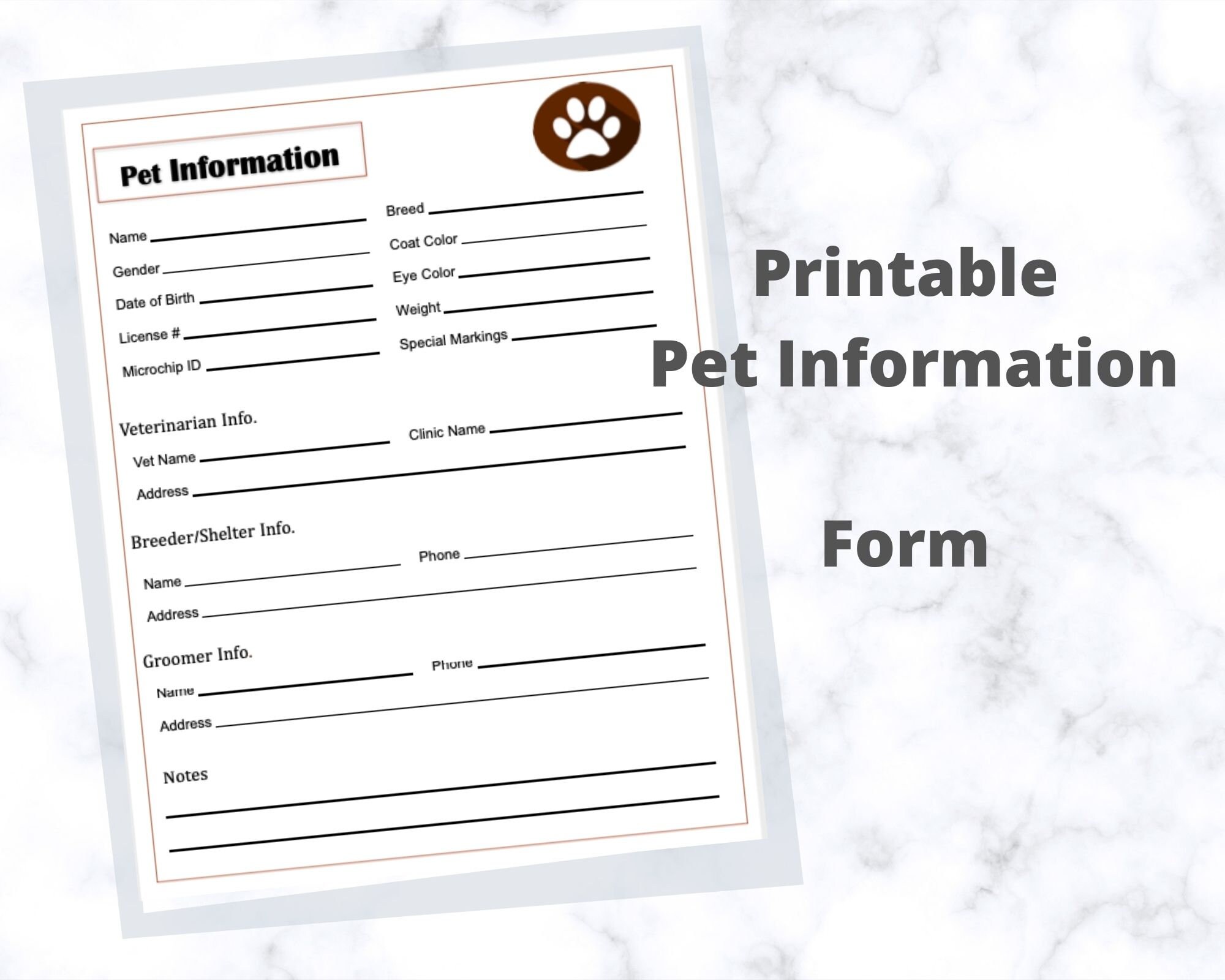 Printable Pet Information Form | Instant Download - Etsy