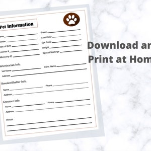 Printable Pet Information Form | Instant Download - Etsy