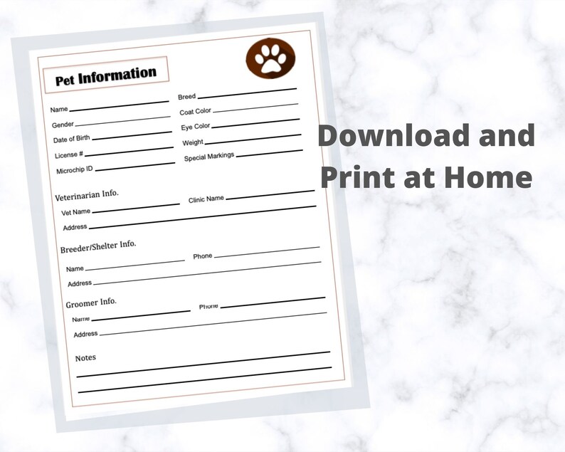 Printable Pet Information Form | Instant Download - Etsy