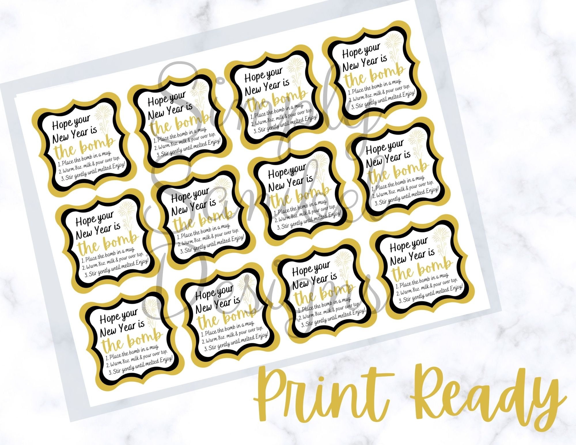 Printable New Year Hot Cocoa Bomb Gift Tags | Black Gold New Year's Hot ...