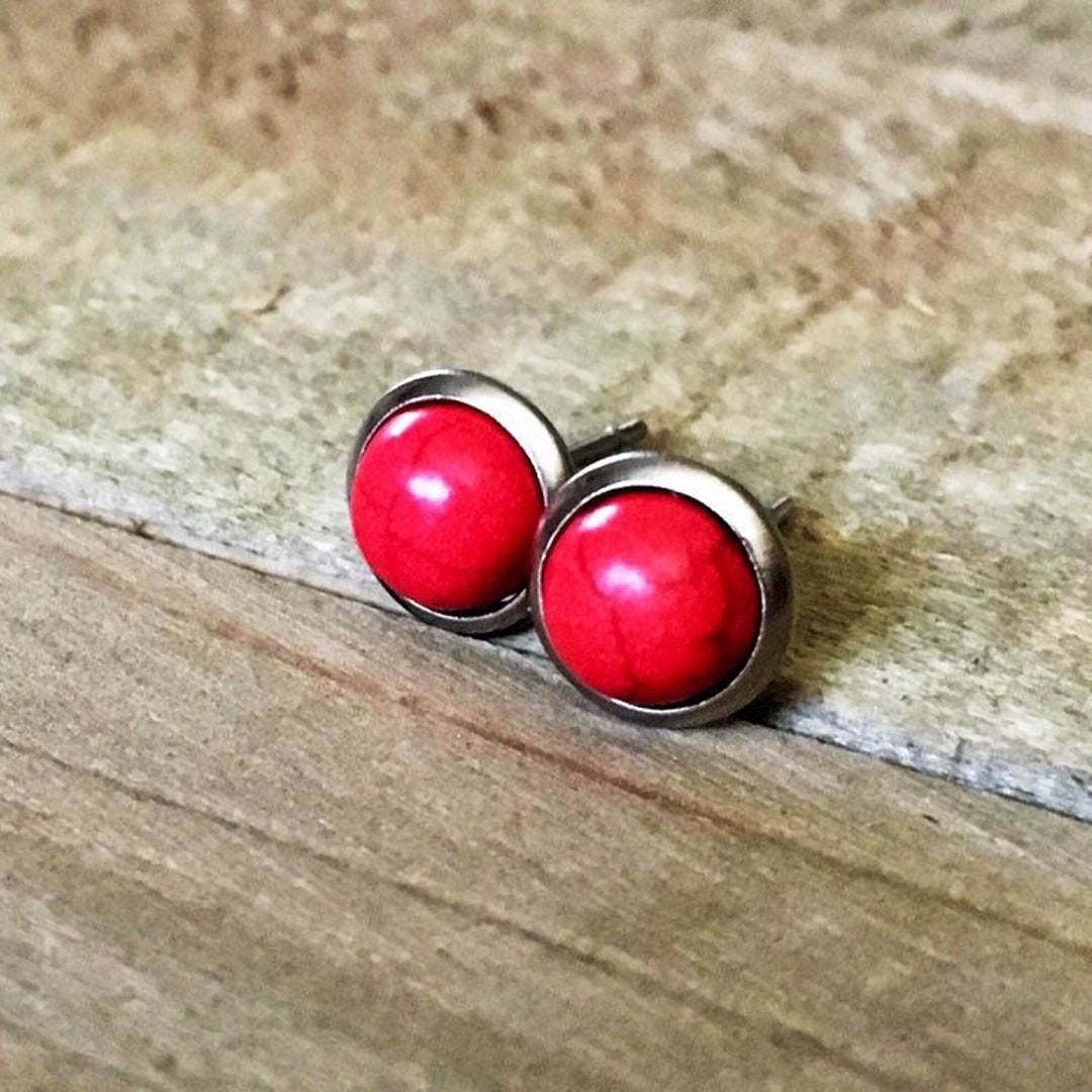 Tiny Red Turquoise Gemstone Studs, 6mm Round Earrings, Stainless Steel ...