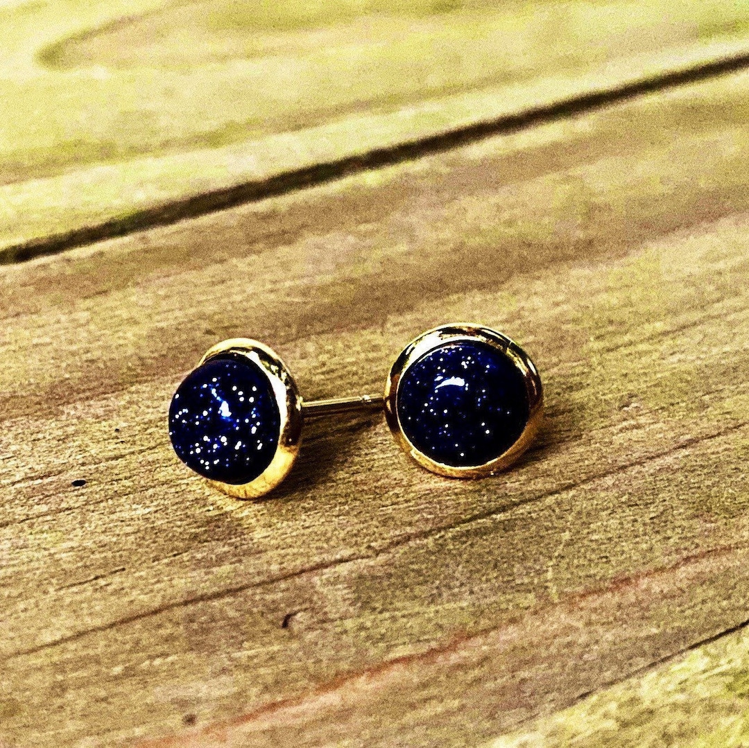 Handmade Goldstone Stud Earrings: 6mm Glittery Navy Blue Gemstone - Etsy