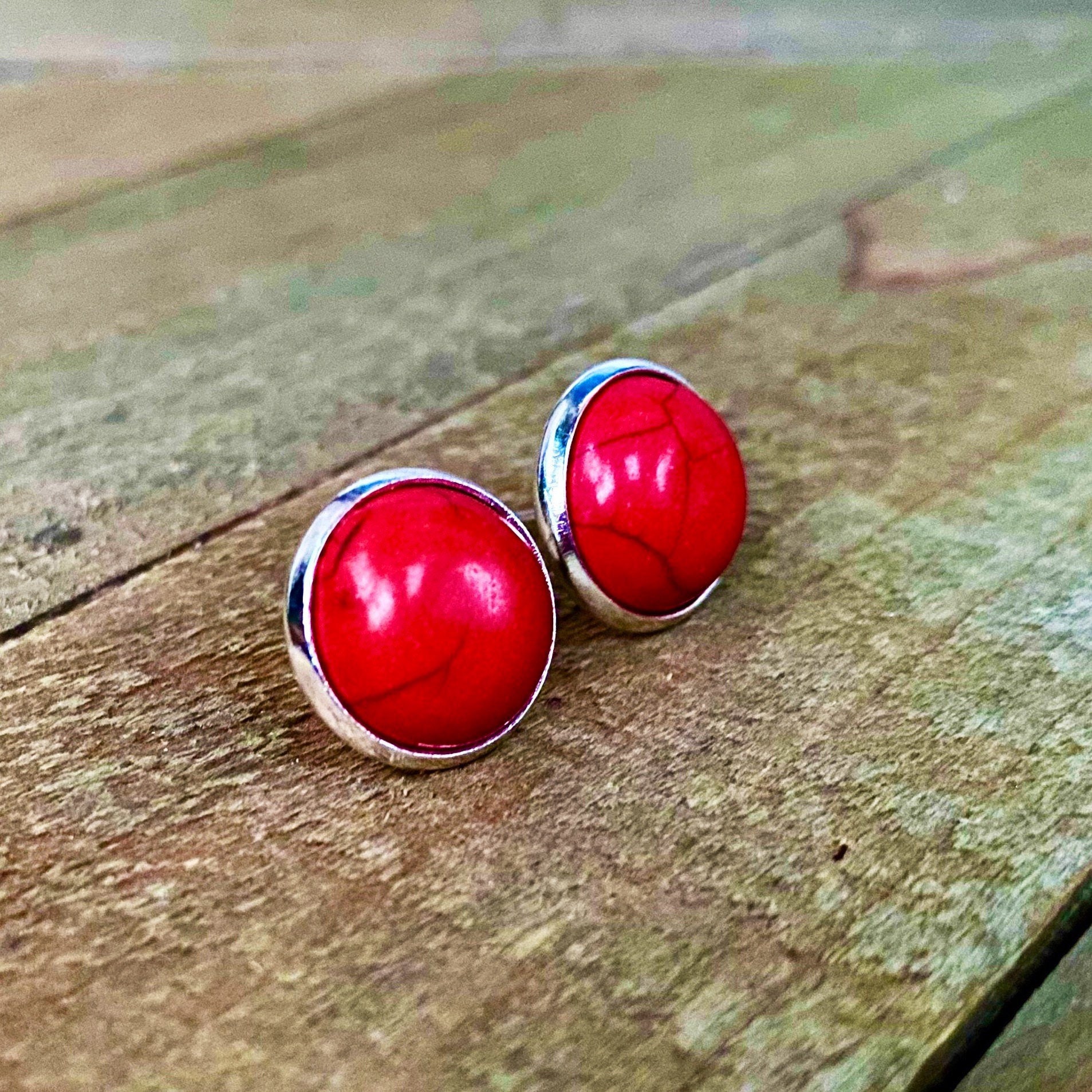 Red Turquoise Gemstone Stud Earrings Silver 12mm Large - Etsy