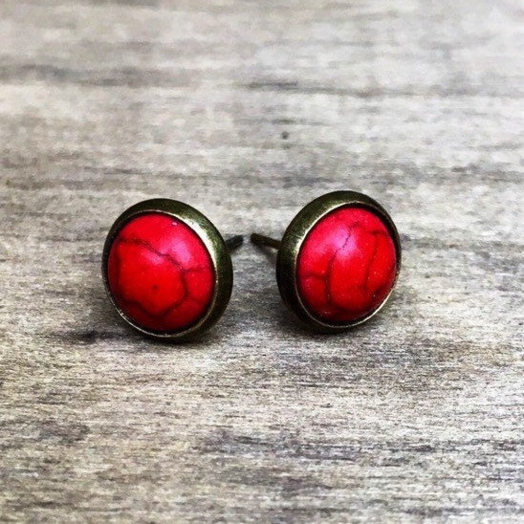 Red Turquoise Gemstone Studs Bronze 8mm Small Earring - Etsy