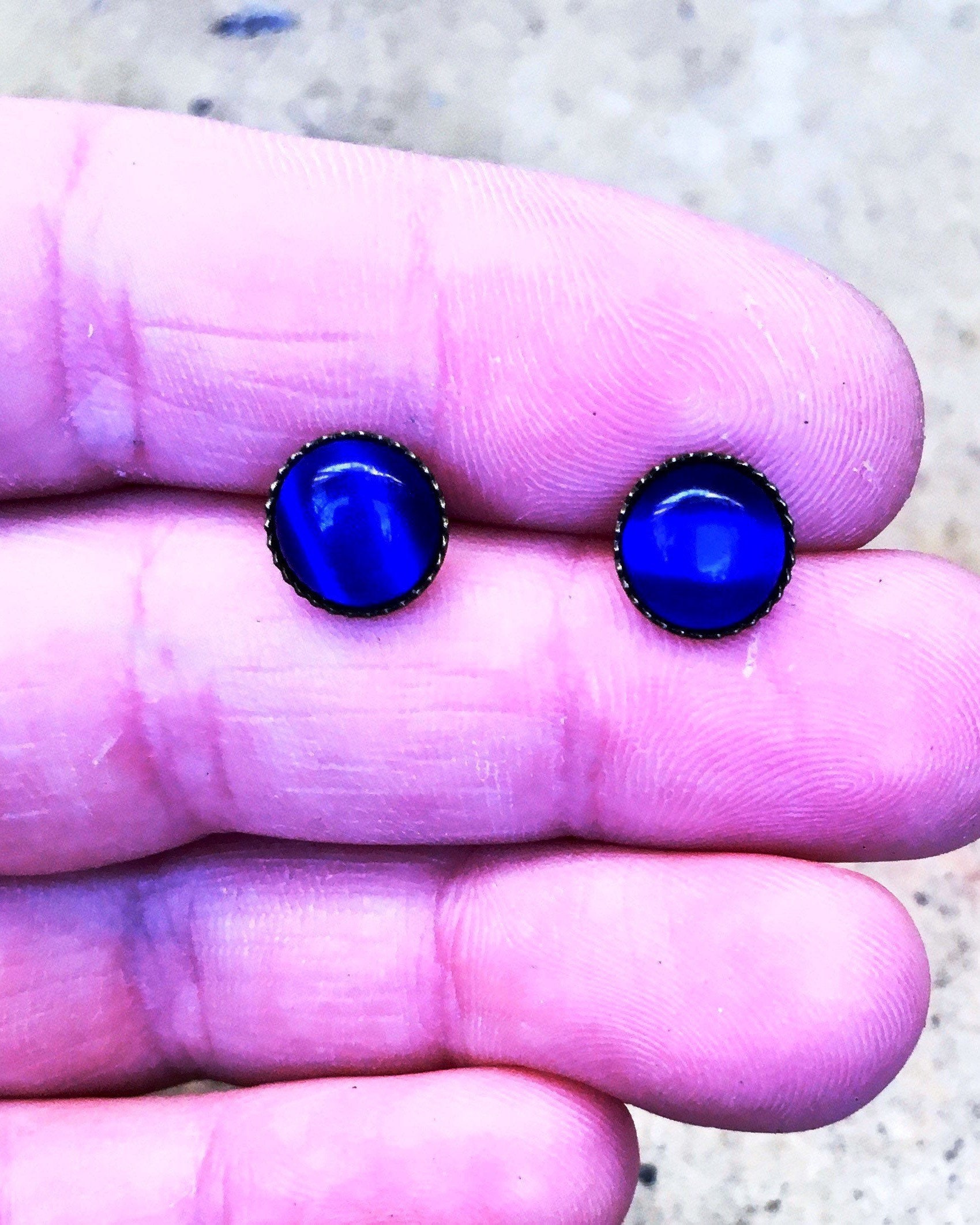 Royal Blue Shining Cat's Eye gemstone Studs Natural | Etsy