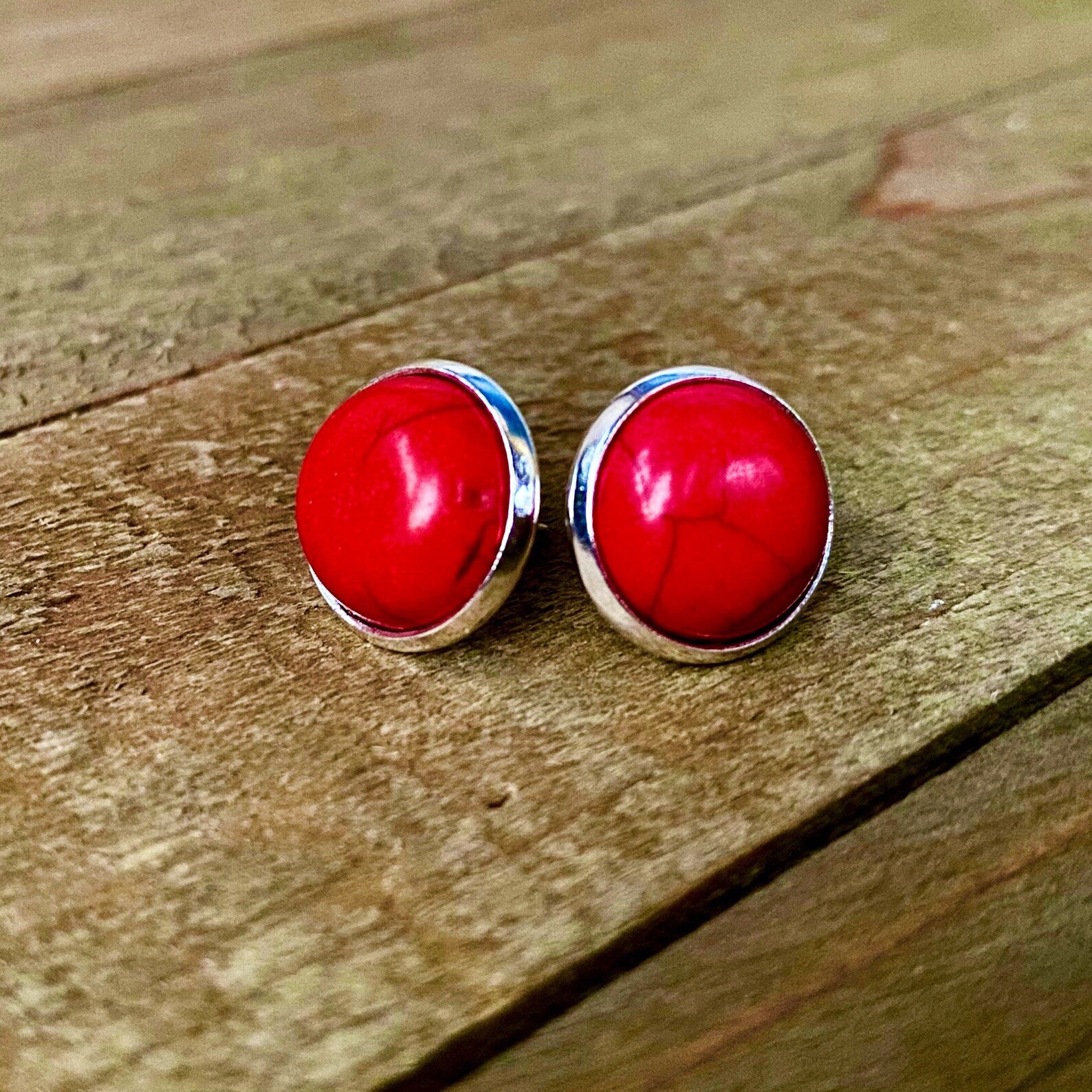 Red Turquoise Gemstone Stud Earrings Silver 12mm Large - Etsy