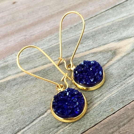 Gorgeous Navy Ink Blue Druzy Dangling Earrings 12mm Round - Etsy
