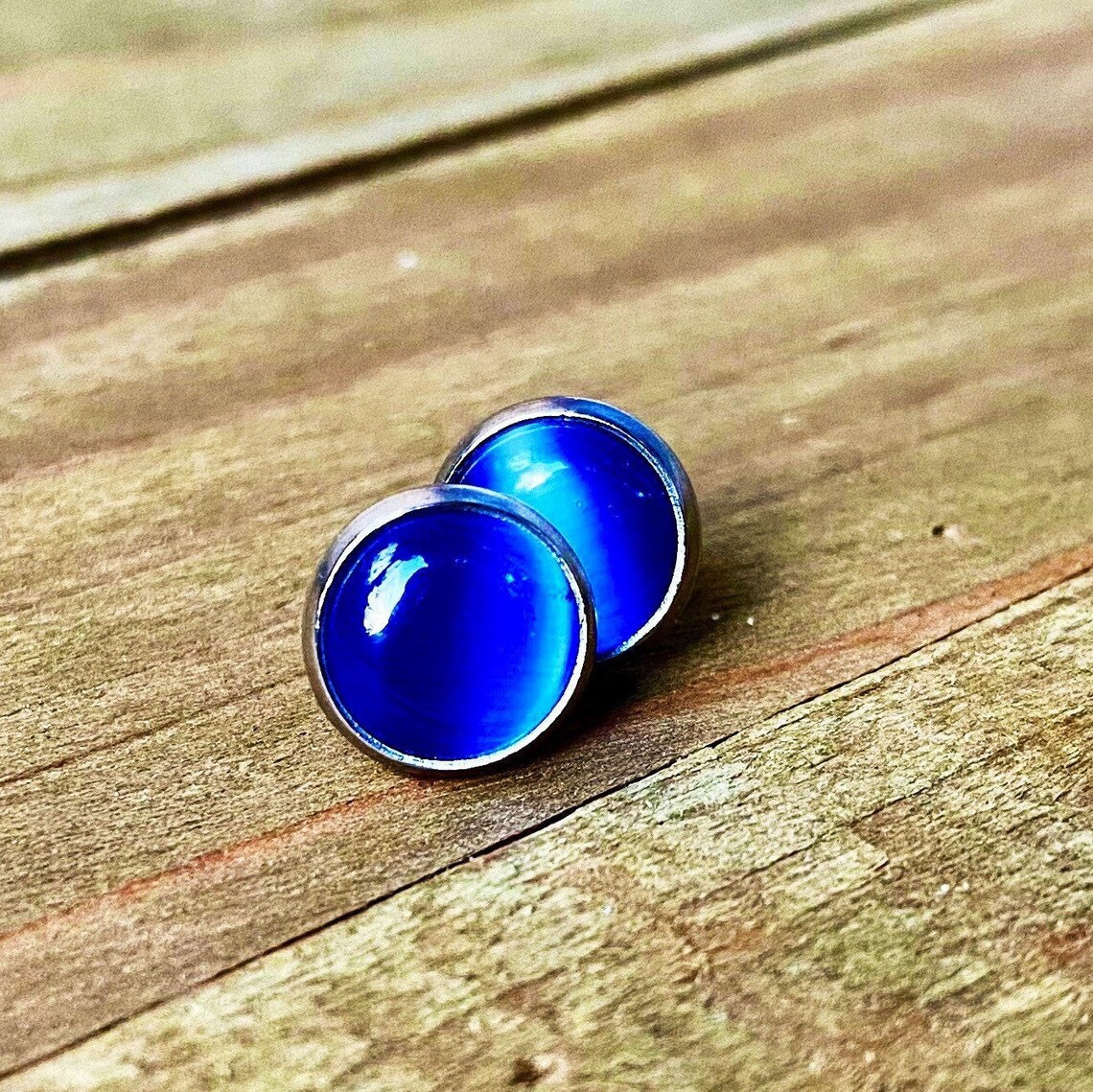Maya Blue Cat's Eye Gemstone Studs 8mm Stainless Steel | Etsy