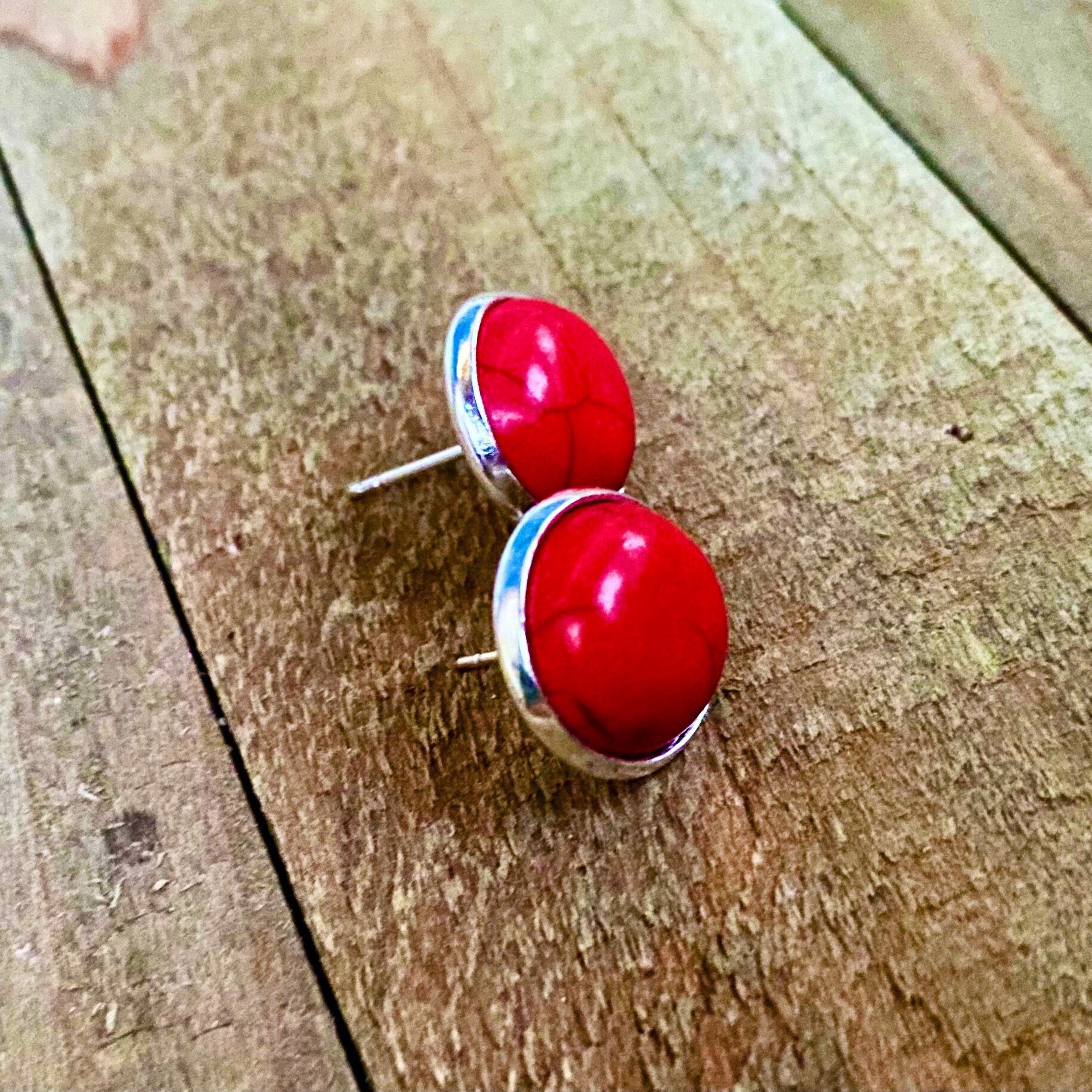 Red Turquoise Gemstone Stud Earrings Silver 12mm Large - Etsy