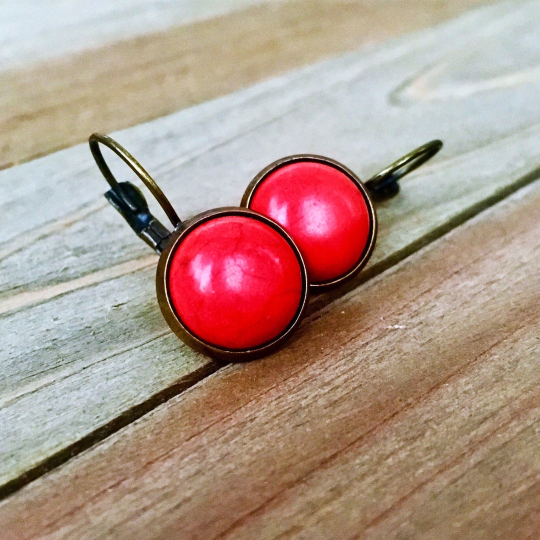 Red Turquoise Gemstone Lever-back Earrings, Bronze, Semi-precious ...