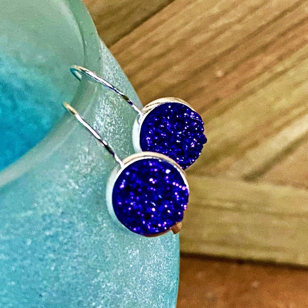 Royal Blue Druzy Quartz Lever-back Earrings, Sterling Silver .925, 10mm ...