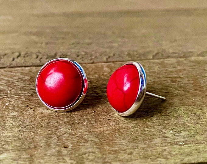 Hot Red Stud Earrings, Matte Red Round Earrings, Mens Stud Earring ...