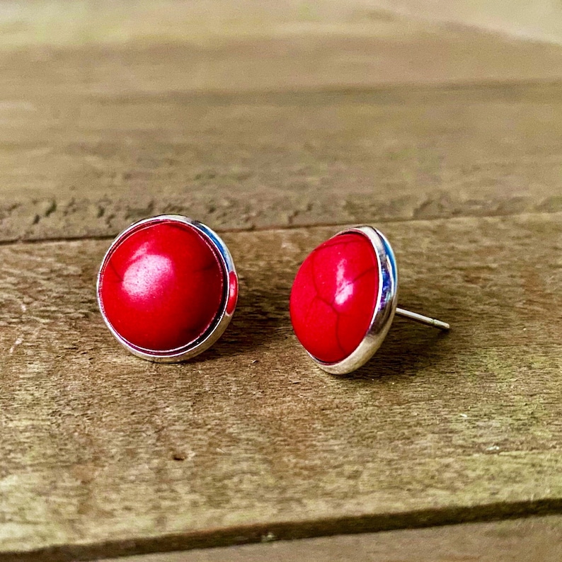 Red Turquoise Gemstone Stud Earrings Silver 12mm Large - Etsy