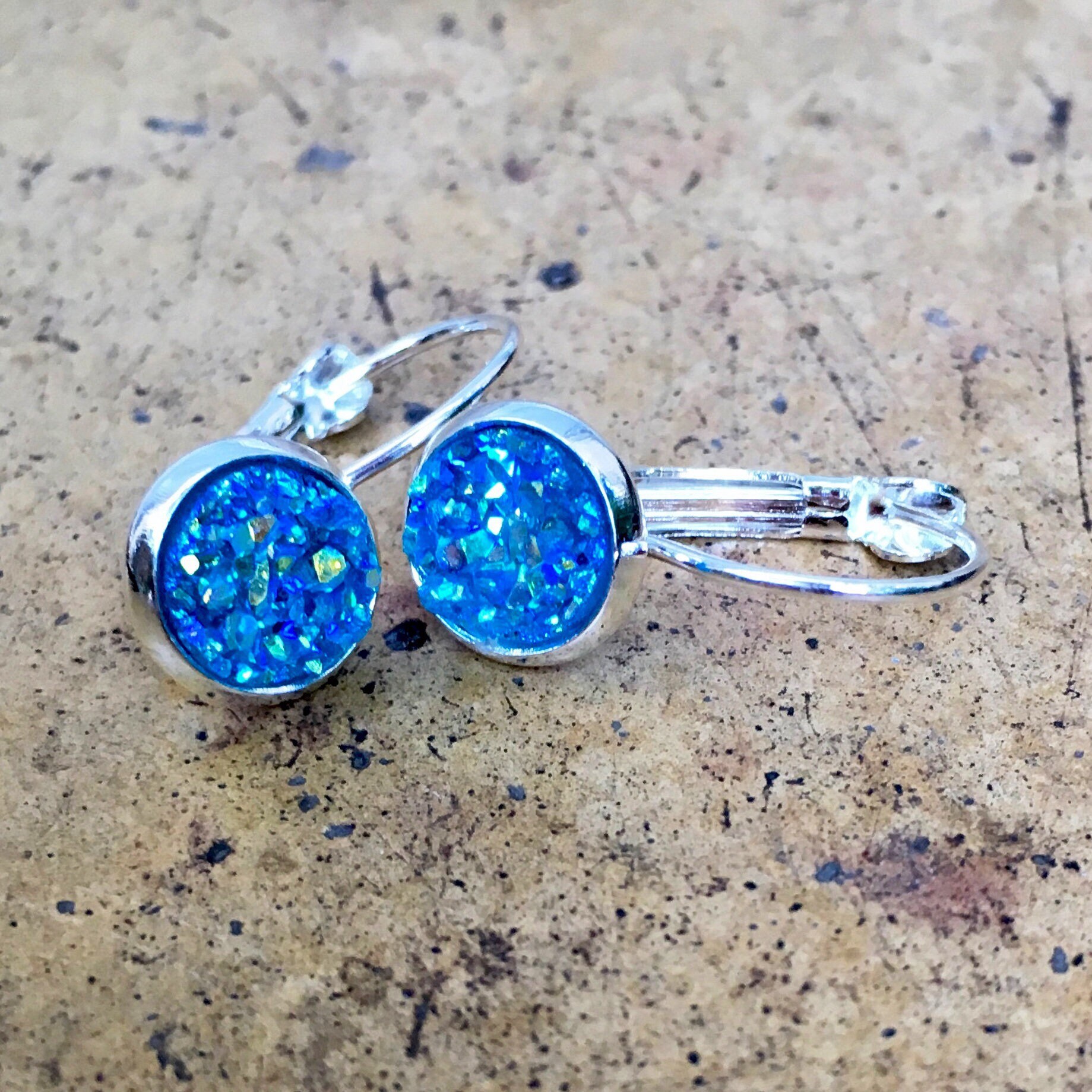 Glistening Blue Druzy Lever Back Earrings 8mm. Faux Druzy | Etsy