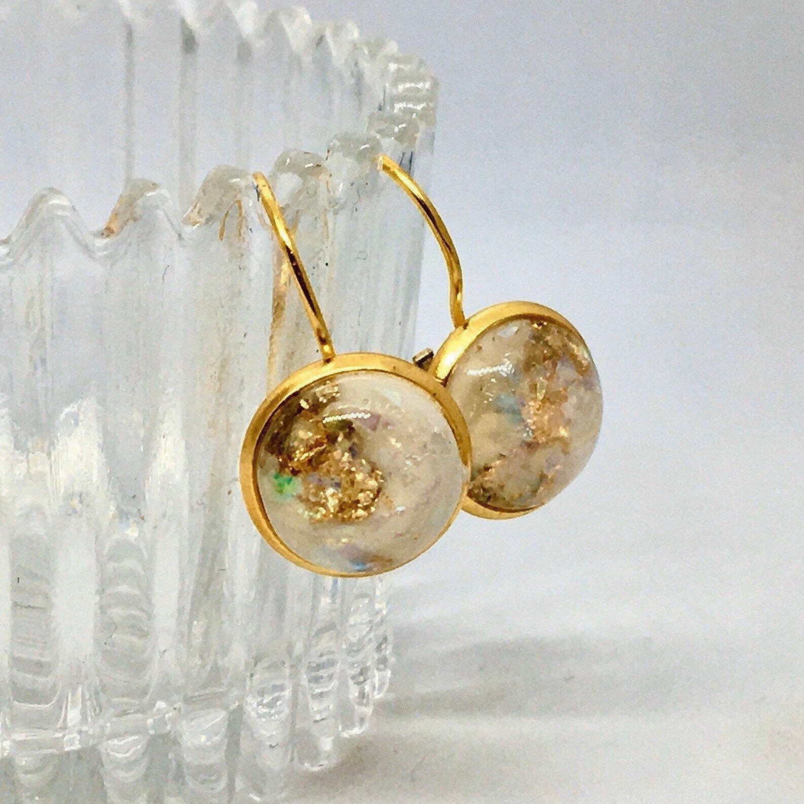 Pearl White & Gold Foil Flake Lever-back Earrings 12mm | Etsy